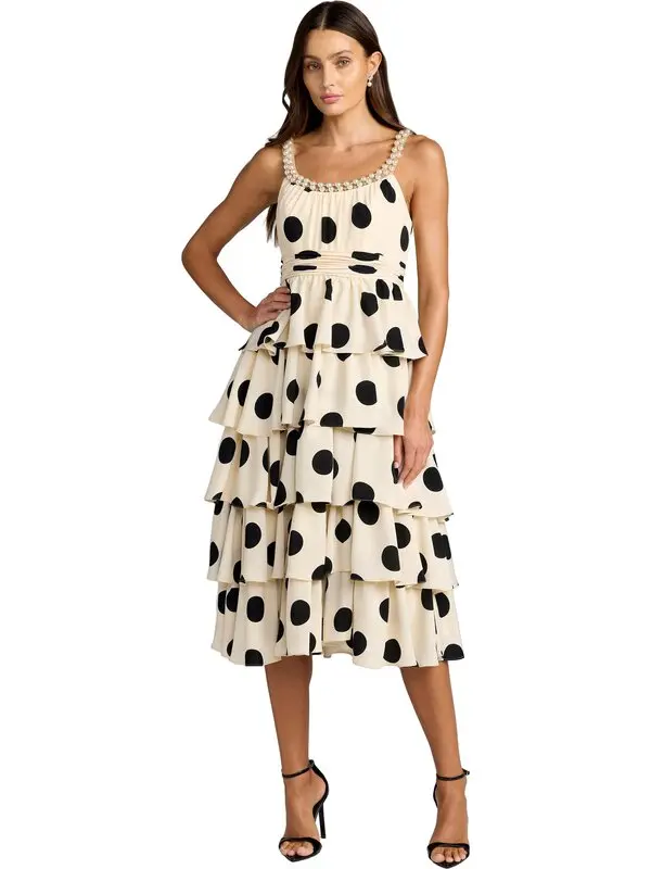 Mac Duggal Polka Dot Pearl Trim Ruffle Midi Dress - Black Ivory
