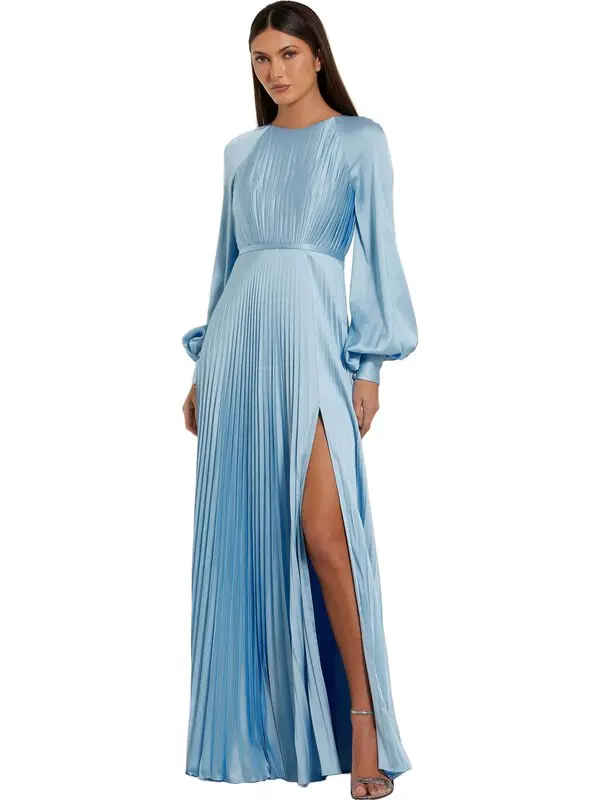 Mac Duggal Pleated High Neck Raglan Long Sleeve Side Slit Gown - Blue