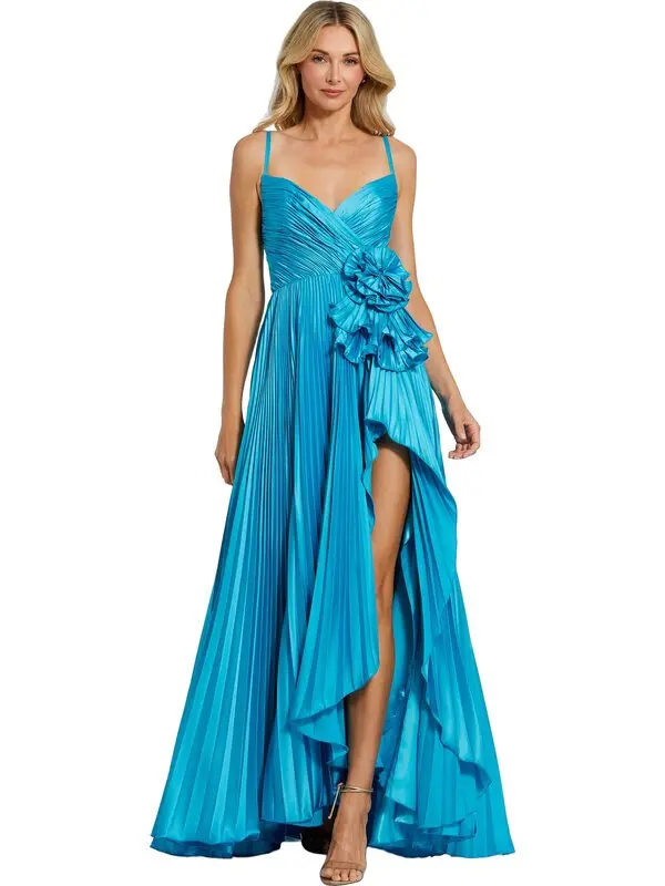 Mac Duggal Pleated High-low Gown With Floral Appliqu - Turquoise