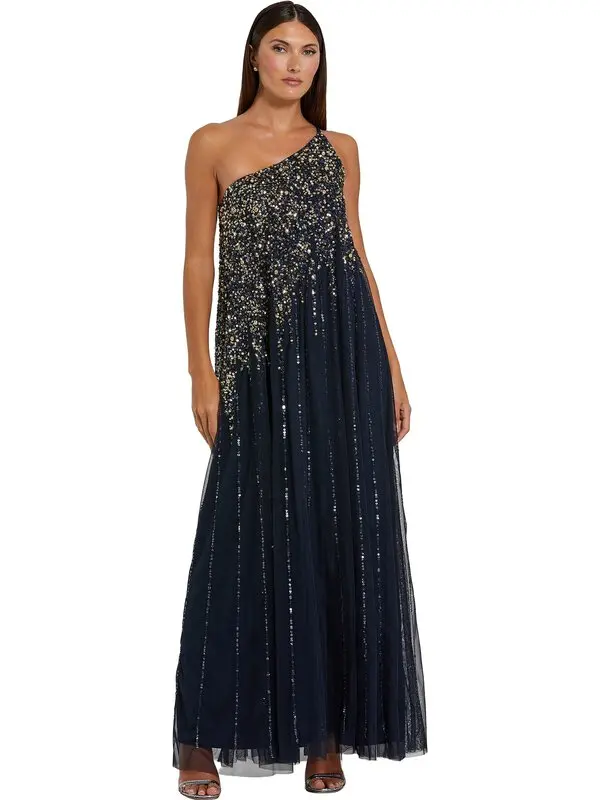 Mac Duggal One-shoulder Embellished Trapeze Gown - Navy