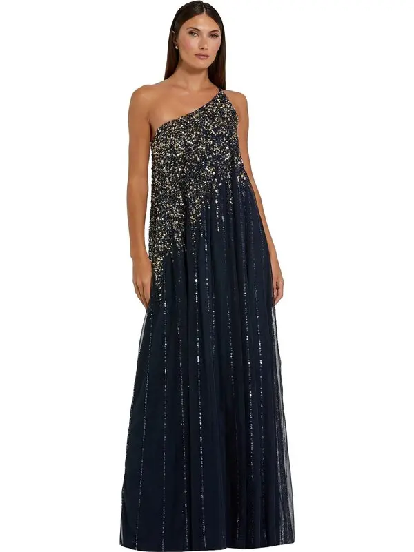 Mac Duggal One-shoulder Embellished Trapeze Gown - Navy