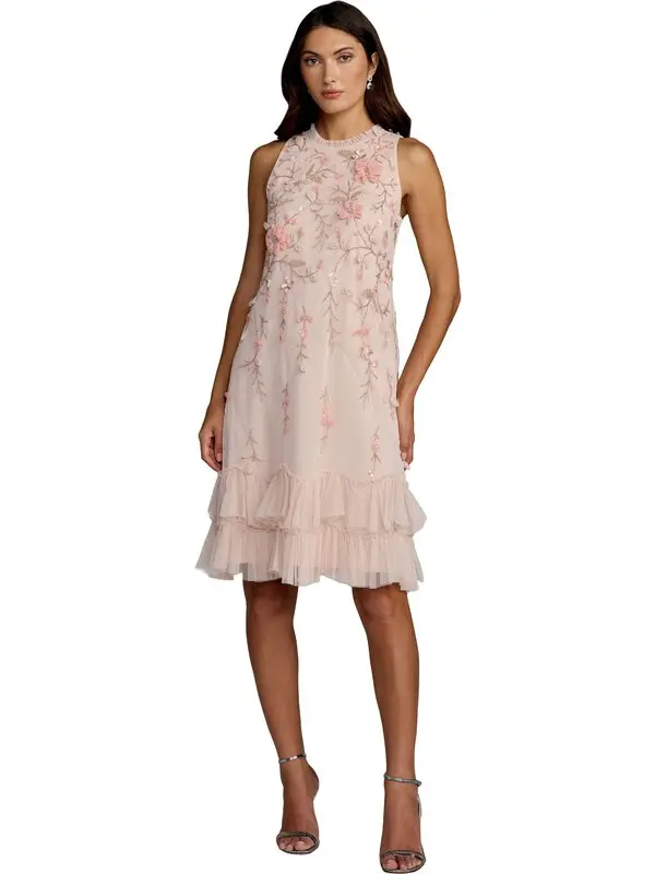 Mac Duggal Embellished Ruffle Tiered High Neck Floral Dress - Pink