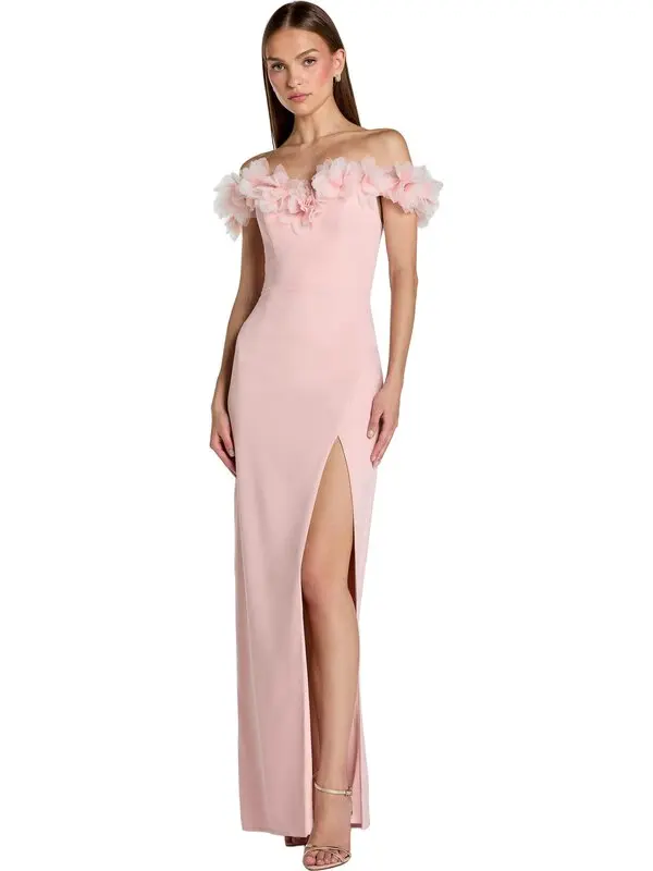 Mac Duggal Off-the-shoulder Column Gown With 3d Floral Appliqu - Dusty Rose