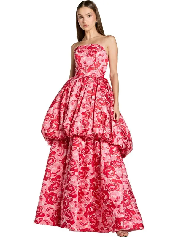 Mac Duggal Floral Brocade Strapless Bubble Hem Ballgown - Pink Multi