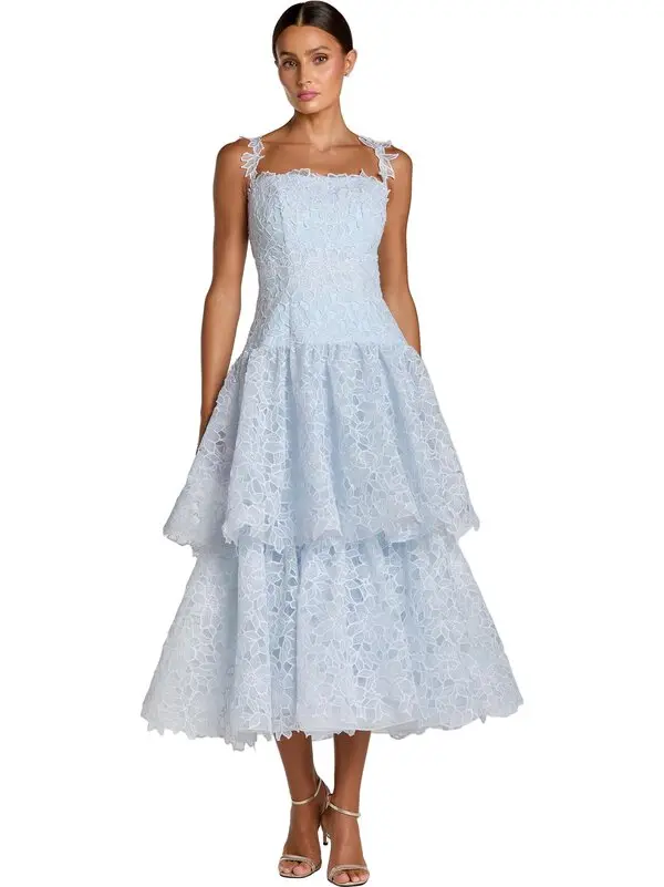 Mac Duggal Embroidered Lace Tiered Midi Dress - Powder Blue