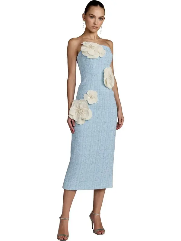 Mac Duggal Strapless 3d Floral Boucle Midi Dress - Blue