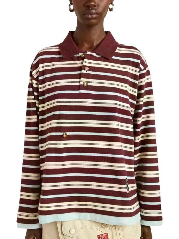 DAMSON MADDER Striped Long Sleeve Polo Shirt - Red