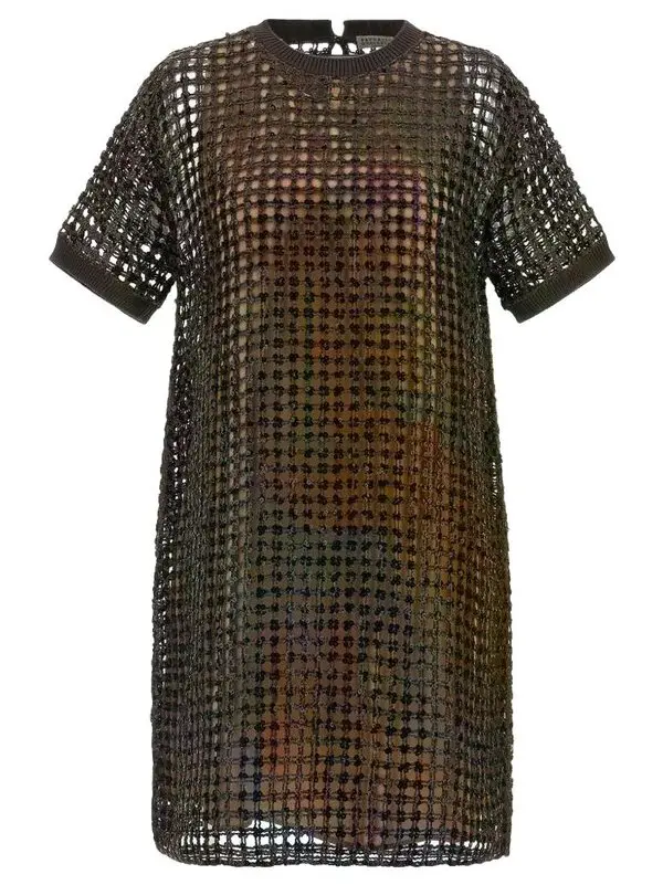 Brunello Cucinelli Sequinned Mesh Dress - Brown