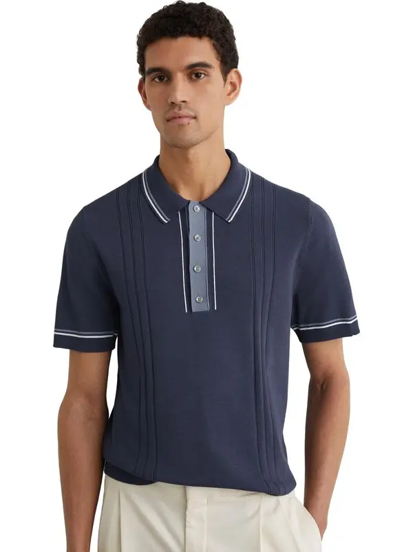 REISS Rothwell Tipped Half-button Knitted Polo Shirt - Navy
