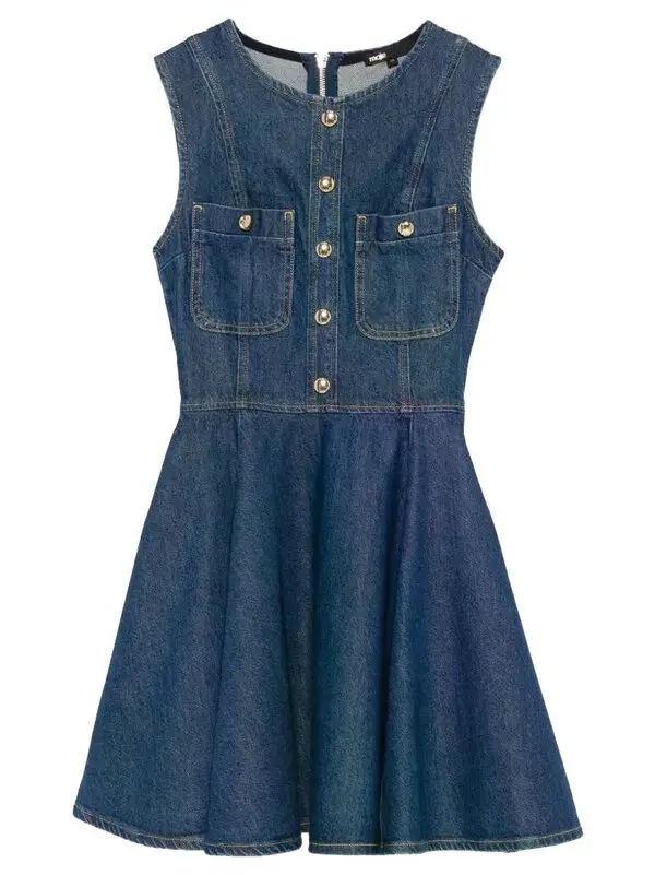 Maje Sleeveless Denim Mini Dress With Flap Pockets And Gold-tone Buttons - Blue