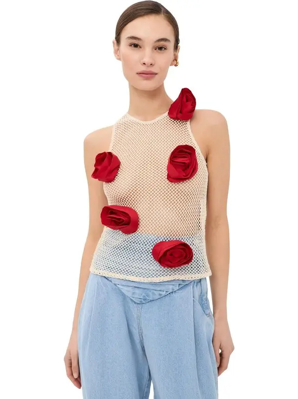 BY EFRAIN MOGOLLON Rosita Mesh Tank Top - Nude With Red Flowers
