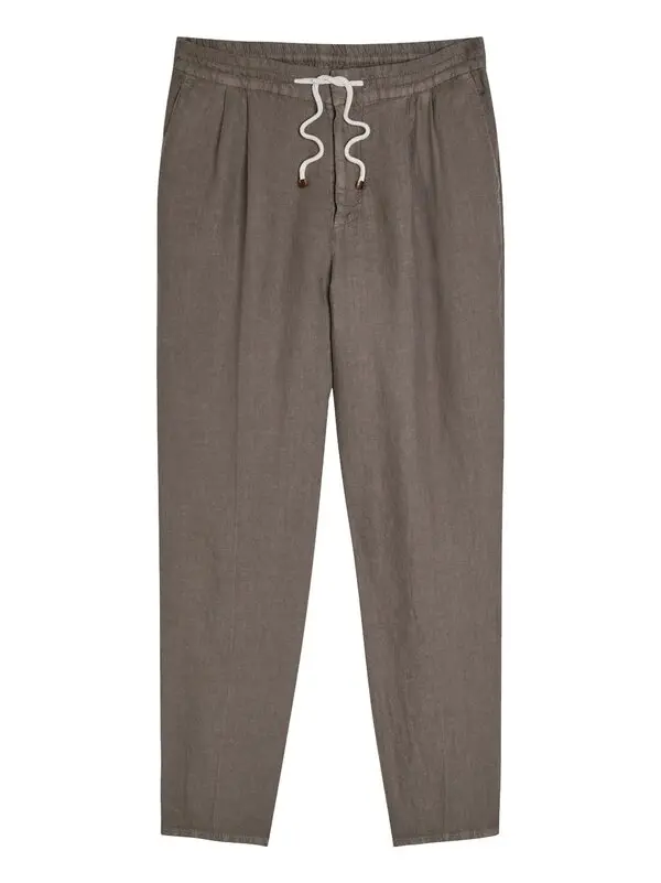 Brunello Cucinelli Drawstring Tapered-leg Linen Trousers - Brown