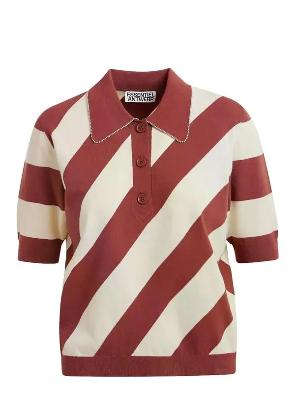 Essentiel Antwerp Striped Rhinestone Polo Top - Red