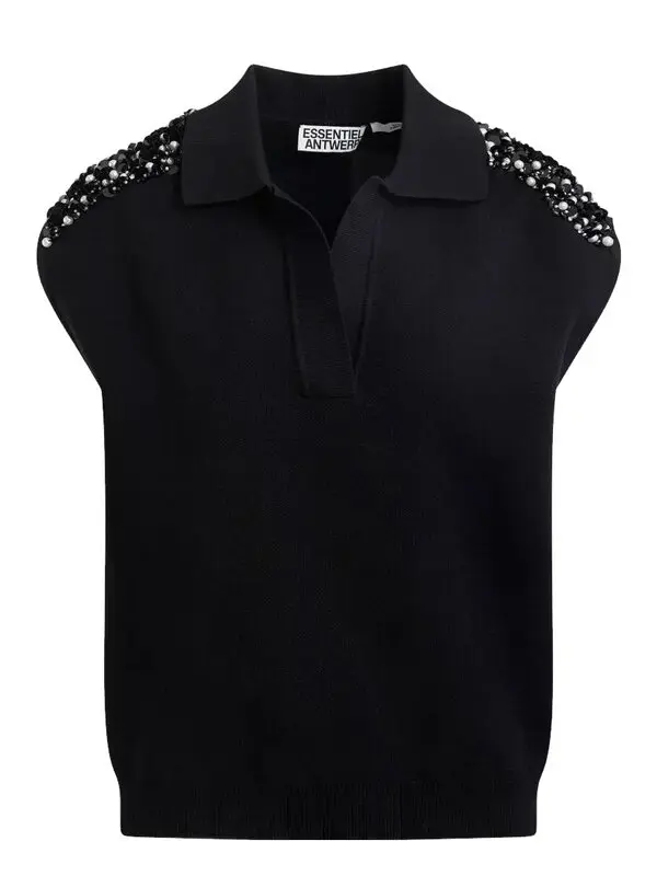 Essentiel Antwerp Sleeveless Embellished Polo Top - Black