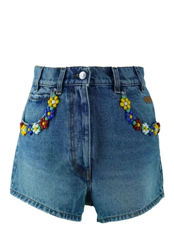 MSGM Floral-embellished Denim Shorts - Blue