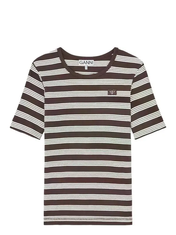 GANNI Striped Embroidered T-shirt - Brown