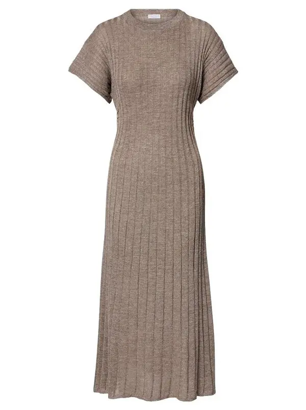 Brunello Cucinelli Ribbed-knit Lamé Midi Dress - Brown