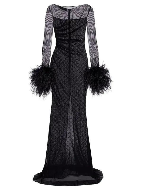 Gucci Gg Feather-trimmed Sheer Gown - Black