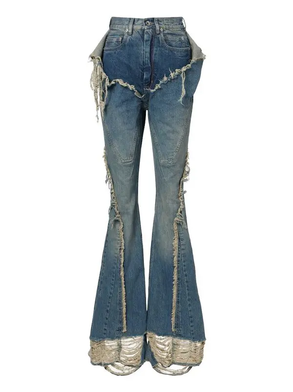 Rick Owens Silvered Distressed Flared Jeans - Blue