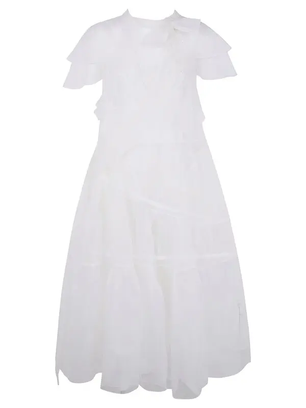 Simone Rocha Sheer Bow Sash Split Hoop Flounce Dress - White