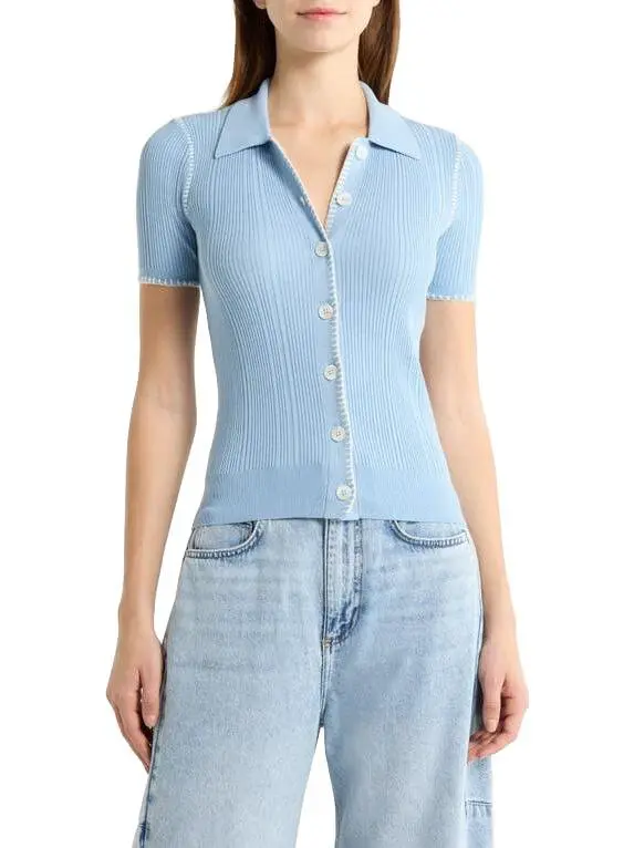 Rag & Bone Harper Whipstitch Detail Short Sleeve Cardigan - Sky