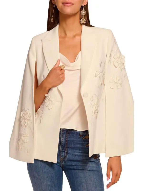 Ramy Brook Rosalinda Embroidered Floral Appliqué Cape Sleeve Jacket - Ivory