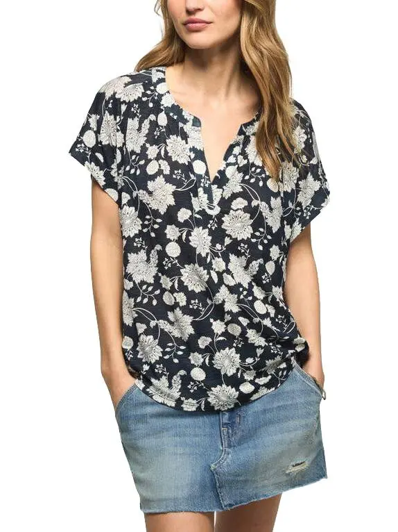 Lucky Brand Sandwash Notch Neck Floral Top - Navy Floral