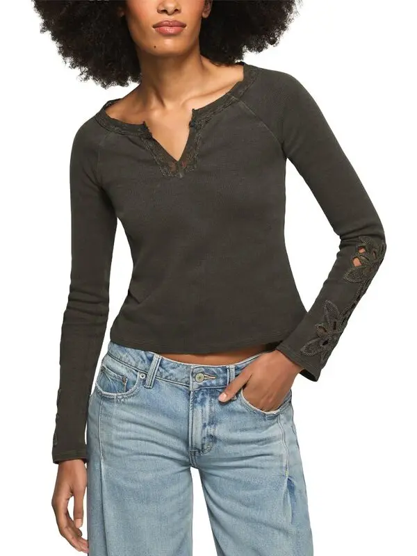 Lucky Brand Lace Trim Rib Henley Top - Raven