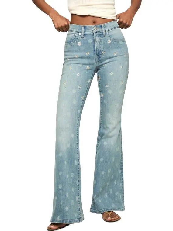 Lucky Brand Stevie Daisy Embroidered High Waist Bell Flare Jeans - Dazing Around Wash