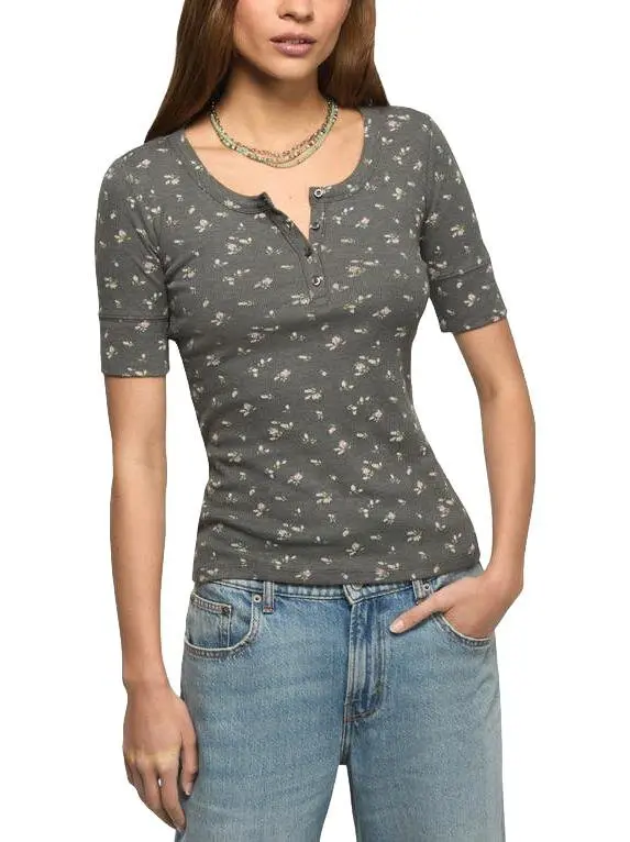 Lucky Brand Ribbed Henley Top - Black Floral