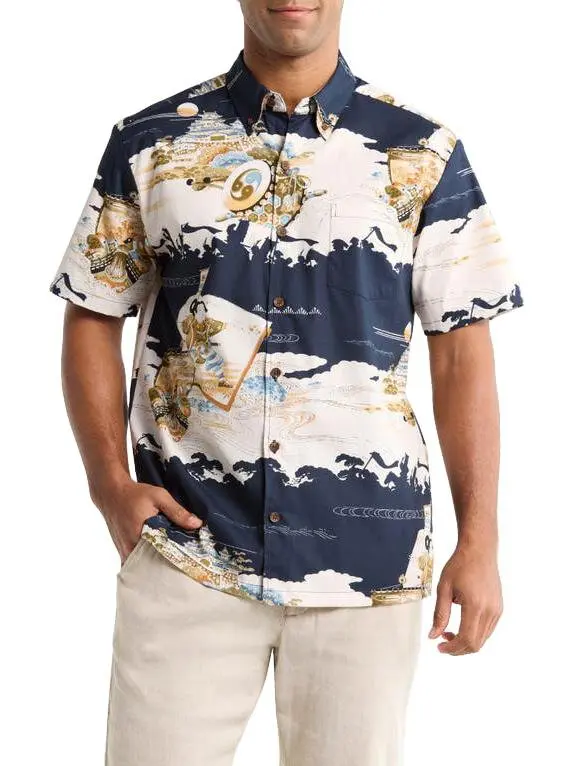 KAHALA Hajime Print Short Sleeve Cotton Button-down Shirt - Navy