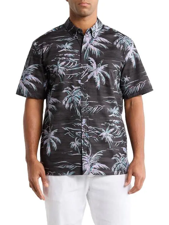 KAHALA He'e Nalu Print Short Sleeve Cotton Button-down Shirt - Black