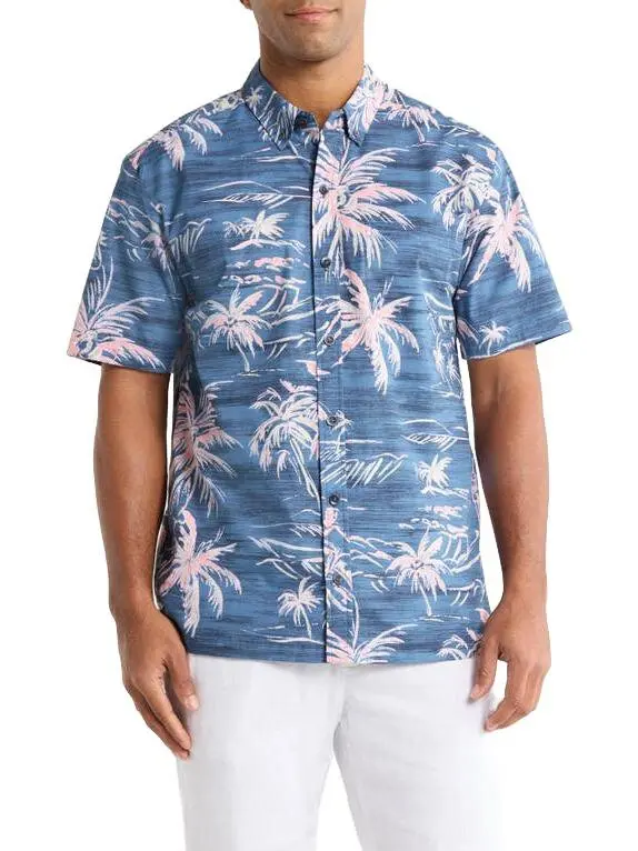 KAHALA He'e Nalu Print Short Sleeve Cotton Button-down Shirt - Denim Blue