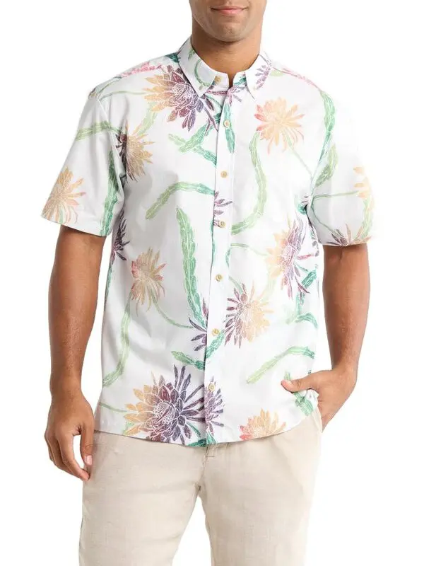 KAHALA Night Shades Print Cotton Short Sleeve Button-down Shirt - Off White