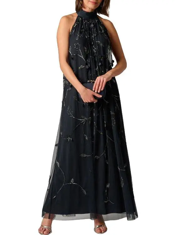 Adrianna Papell Beaded Floral Trapeze Gown - Midnight