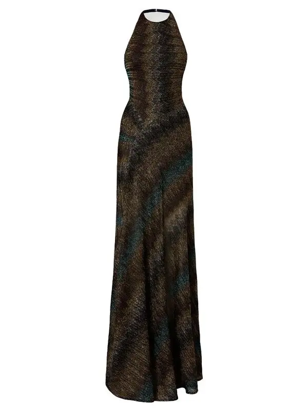 Missoni Long Dress With Halterneck In Viscose Lamé With Snake Motif - Green& Brown