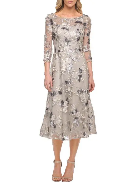 La Femme Embroidered Lace Fit & Flare Dress - Silver