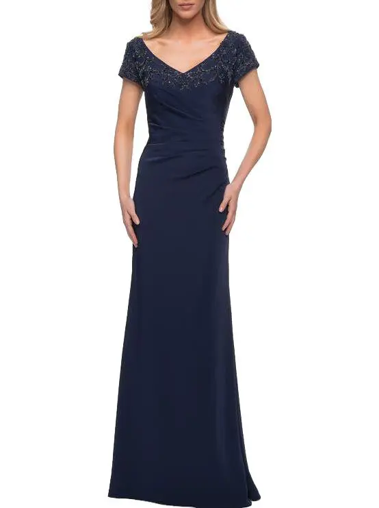 La Femme Crystal Embellished Cap Sleeve Jersey Sheath Gown - Navy