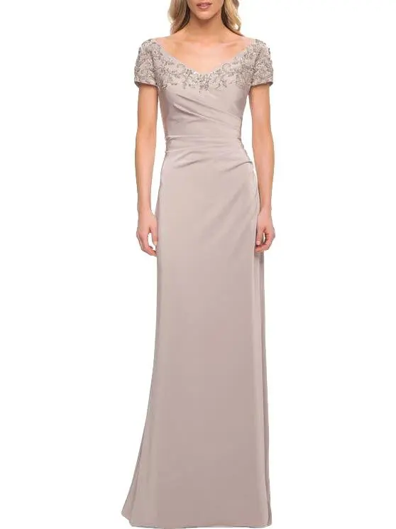 La Femme Crystal Embellished Cap Sleeve Jersey Sheath Gown - Silver