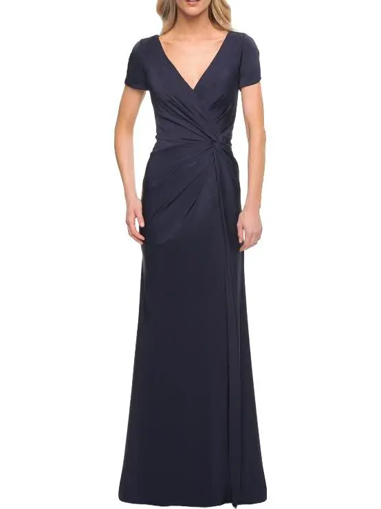 La Femme V-neck Gathered Waist Evening Gown - Navy