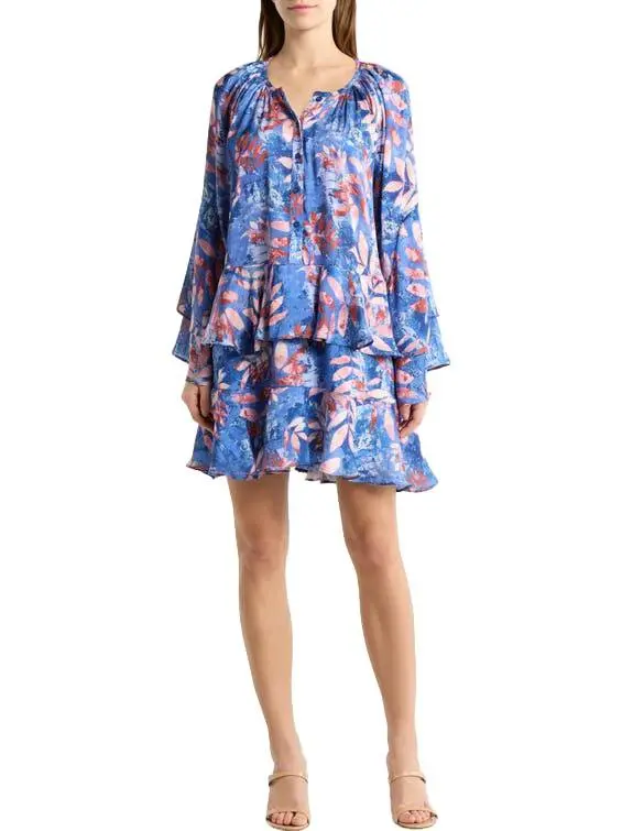 MELLODAY Leaf Print Long Sleeve Dress - Blue/blush Leaf