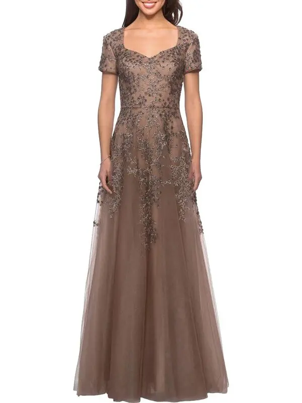La Femme Embellished Tulle A-line Gown - Cocoa