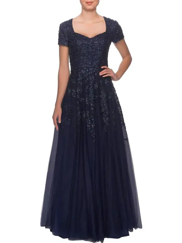 La Femme Embellished Tulle A-line Gown - Navy