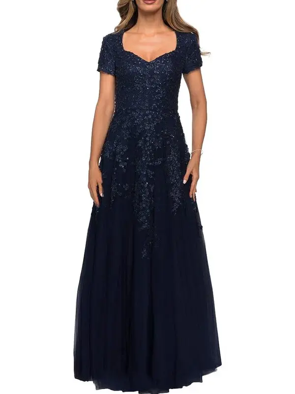 La Femme Embellished Tulle A-line Gown - Navy