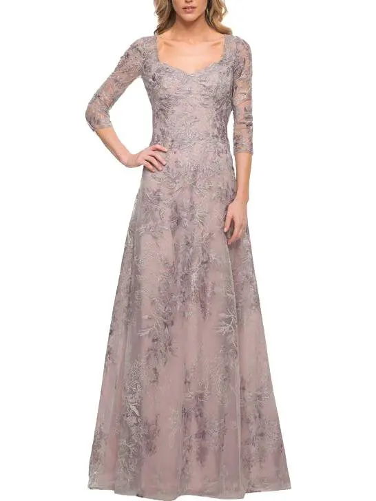 La Femme Floral Embroidered Mesh A-line Gown - Silver/pink