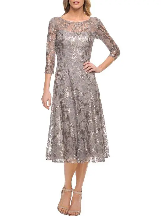 LABOMME Lace Metallic Tea Length Dress - Silver