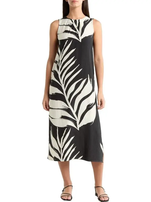 MELLODAY Palm Print Sleeveless Midi Dress - Black Bone Leaf