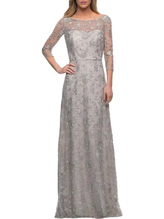 LABOMME Lace Gown With Illusion Neckline And Three-quarter Sleeves - Pearl Silver