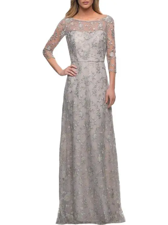 La Femme Embroidered A-line Gown - Pearl Silver