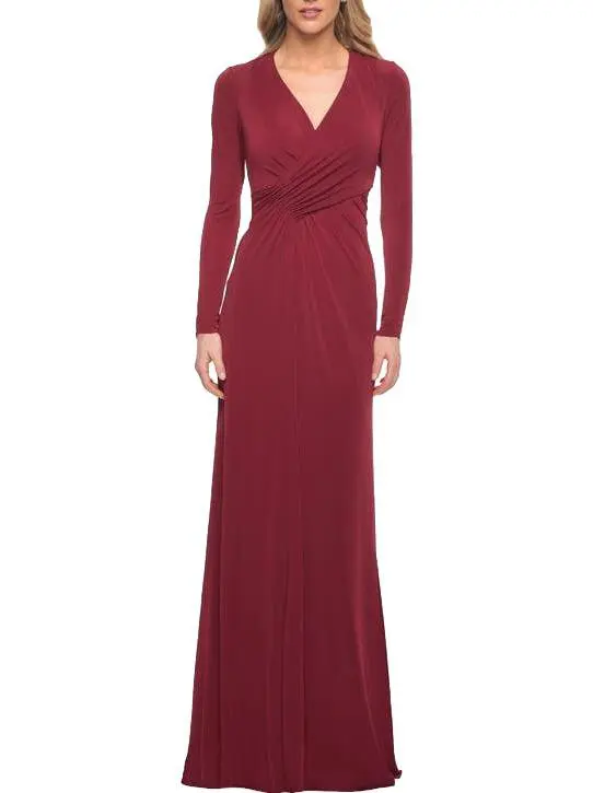 La Femme Long Sleeve Ruched Jersey Sheath Gown - Wine